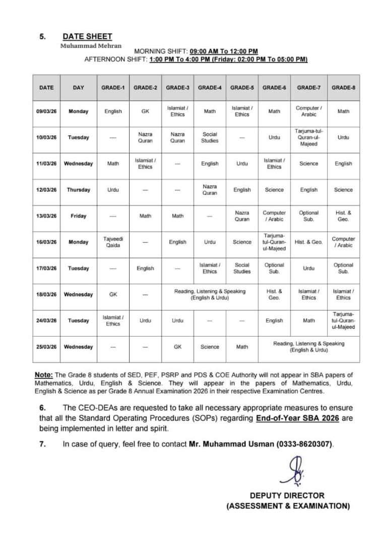 SBA Final Term Datesheet 2026 Class 1 to 8 | Exam Schedule